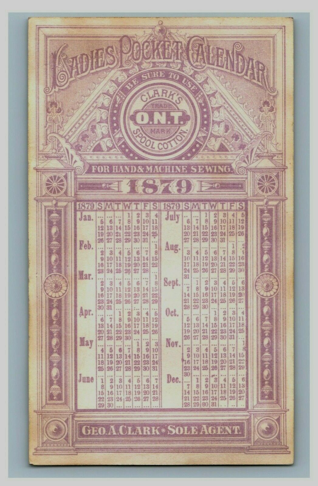 1879 Pocket Calendar Clark's ONT Spool Cotton Goats Pulling Carts Race ...