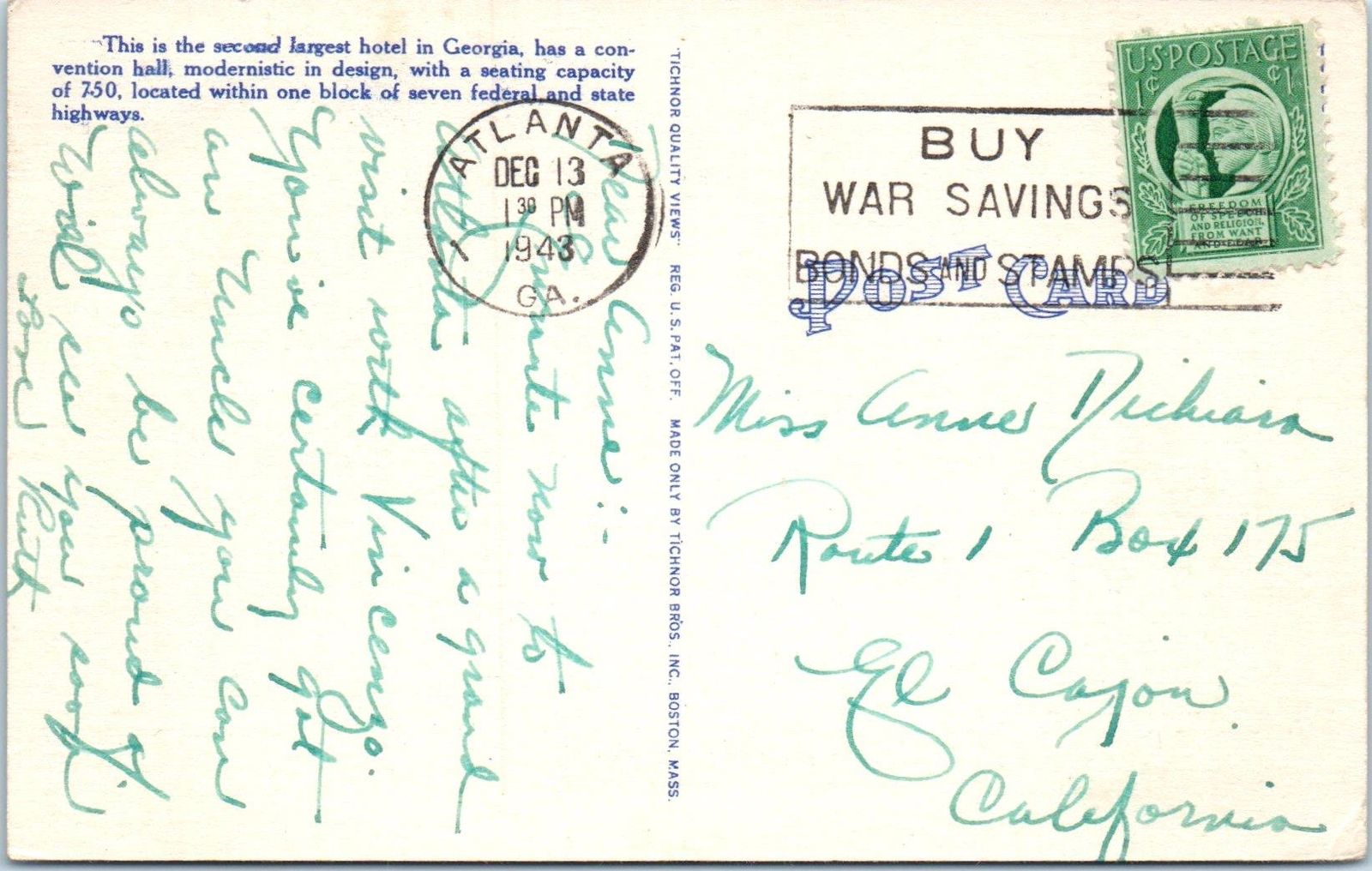 MACON, GA Georgia HOTEL DEMPSEY c1930s Cars 1943 Linen Postcard ...