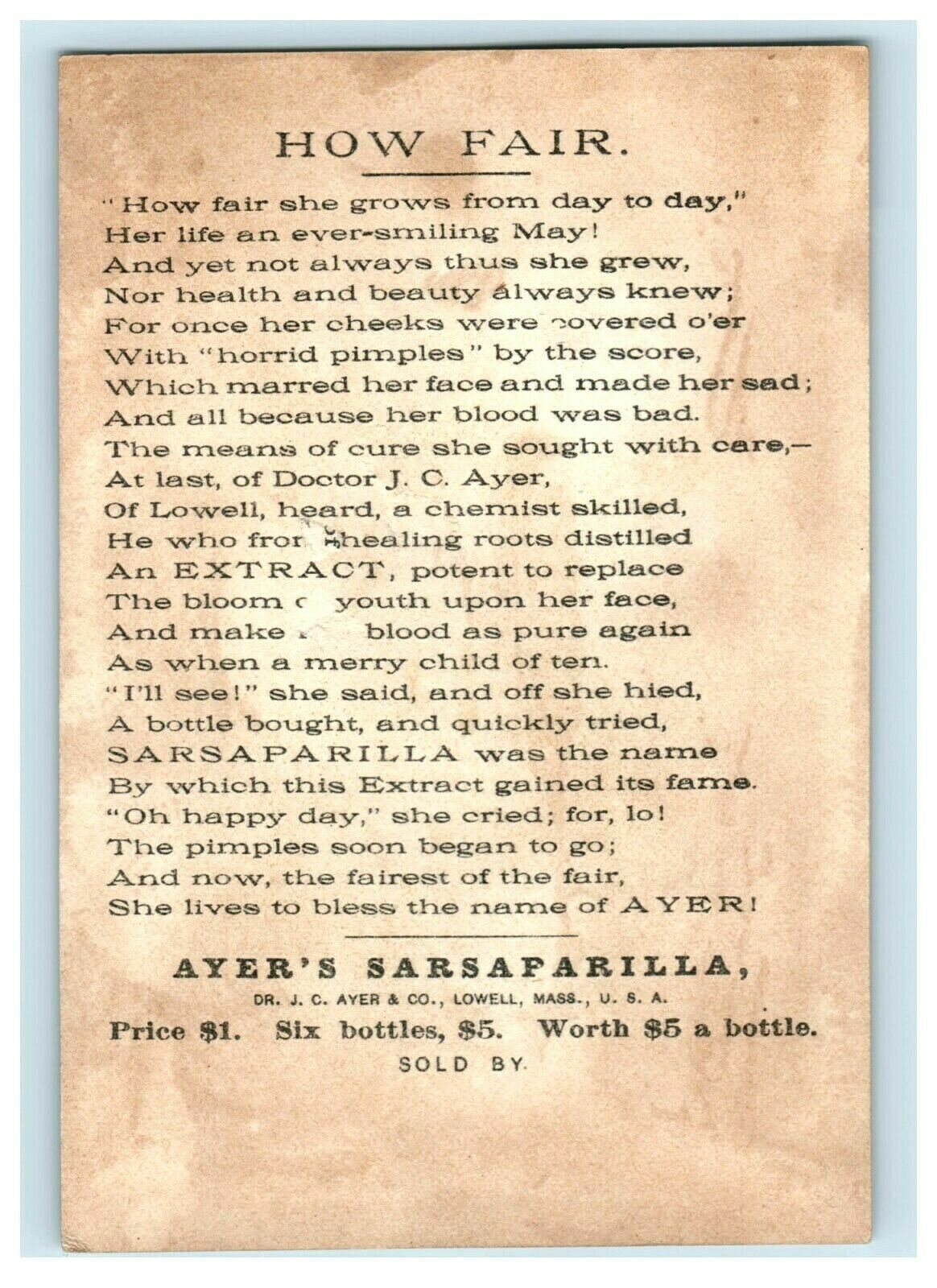 1880s Ayer's Sarsaparilla Quack Medicine "How Fair" Poem P230 ...