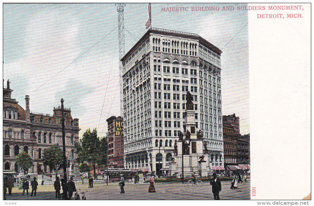 DETROIT, Michigan, 1900-1910s; Majestic Building And Soldiers Monument ...