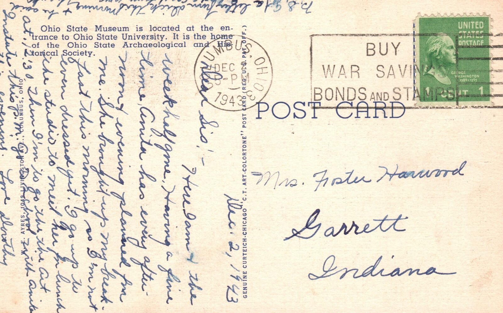 Vintage Postcard 1943 Ohio State Museum Entrance To State University ...