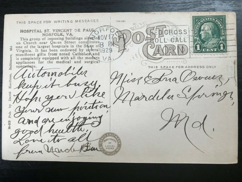 Vintage Postcard 1929 St. Vincent de Paul Hospital Norfolk Virginia ...