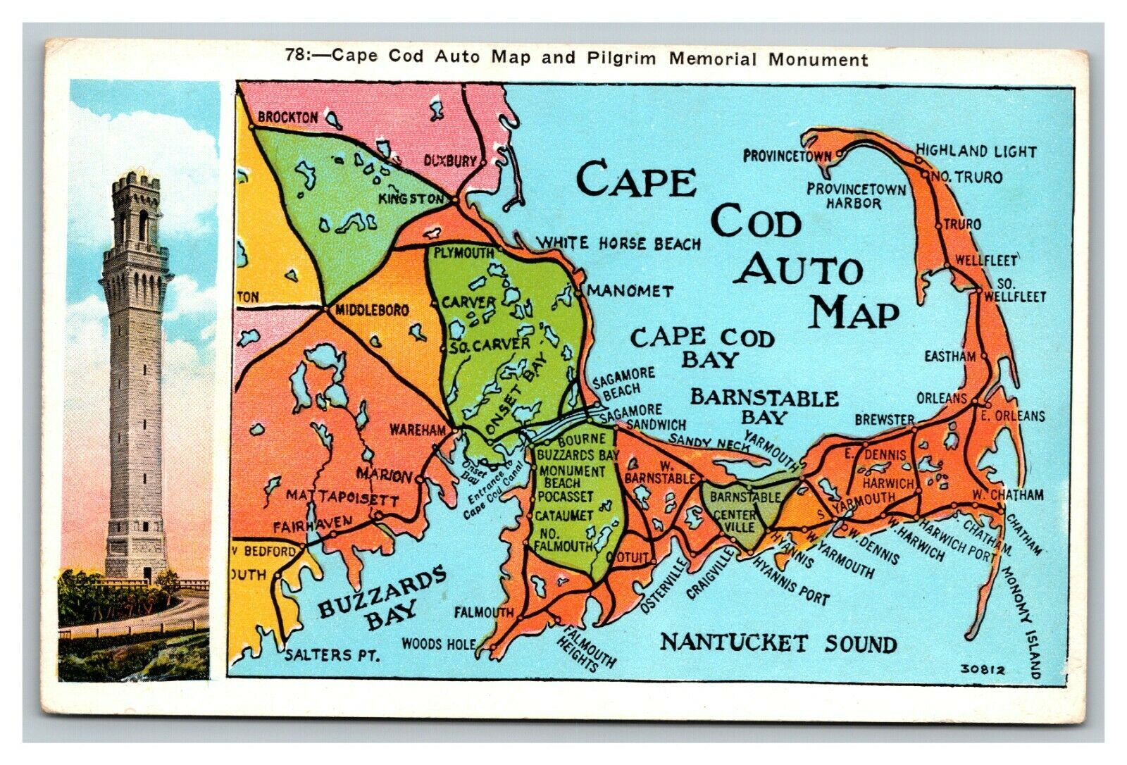 Vintage 1930's Postcard Tourists Auto Map of Cape Cod Massachusetts ...