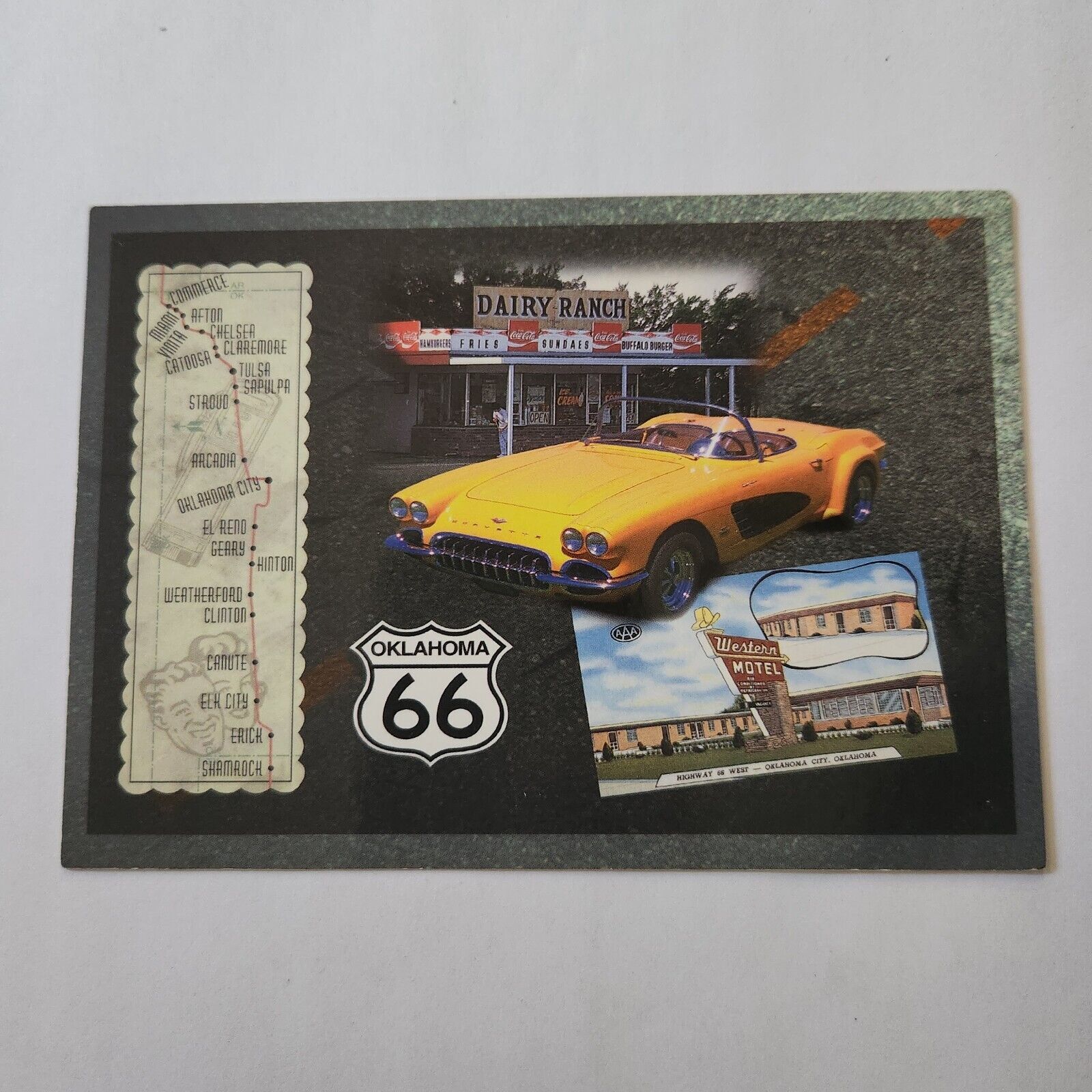 Route 66 Fun Times Map Dairy Ranch Corvette Western Hotel Postcard ...