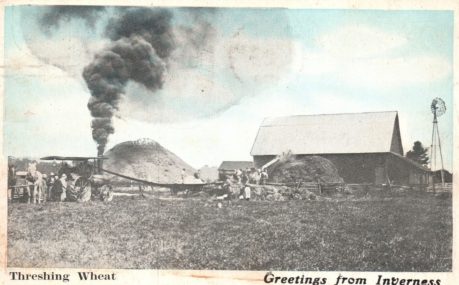 Vintage Postcard 1920's Threshing Wheat Greetings From Inverneas Smoke ...