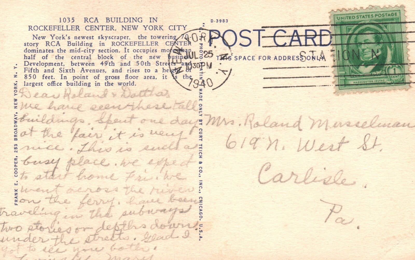 Vintage Postcard 1940 RCA Building In Rockefeller Center New York City ...