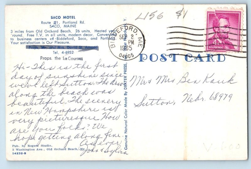 Saco Maine ME Postcard Saco Motel Exterior Roadside Trees Signage 1965 ...