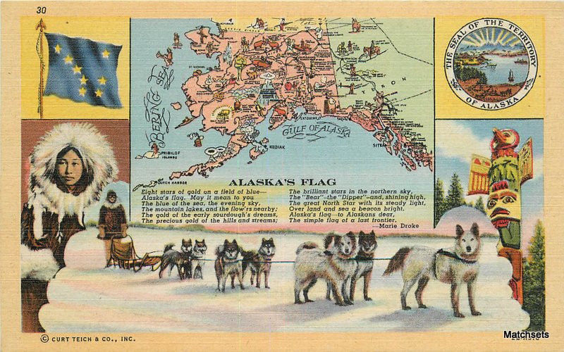 1940s Flag Totem Pole Eskimo Map Husky linen Curt Teich postcard 8519 ...