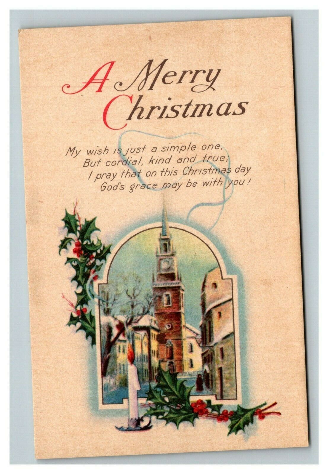 Vintage Early 1900's Christmas Postcard Church Tower Mistletoe ...