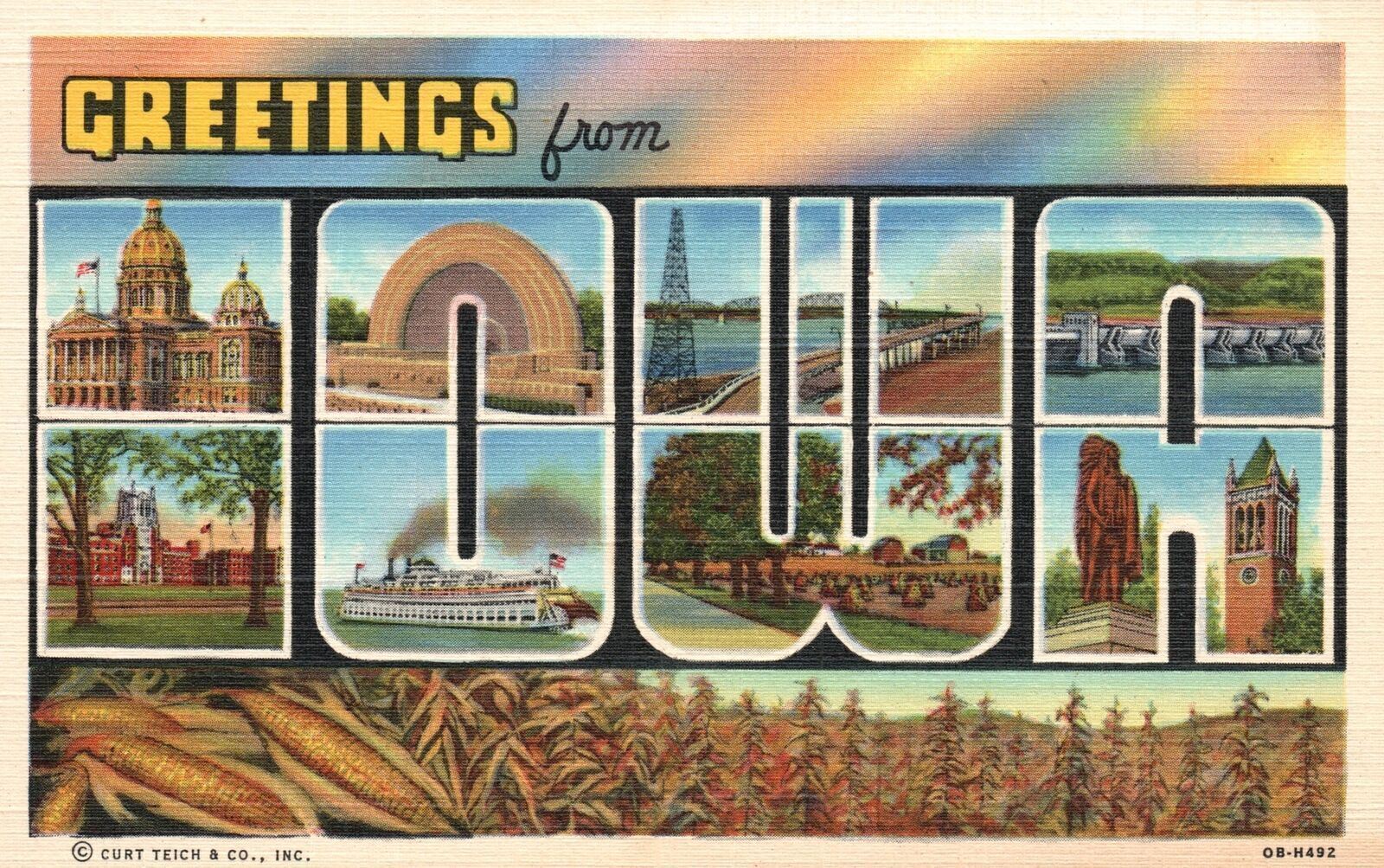Vintage Postcard Greetings From Iowa Large Letter Corn State Buildings ...