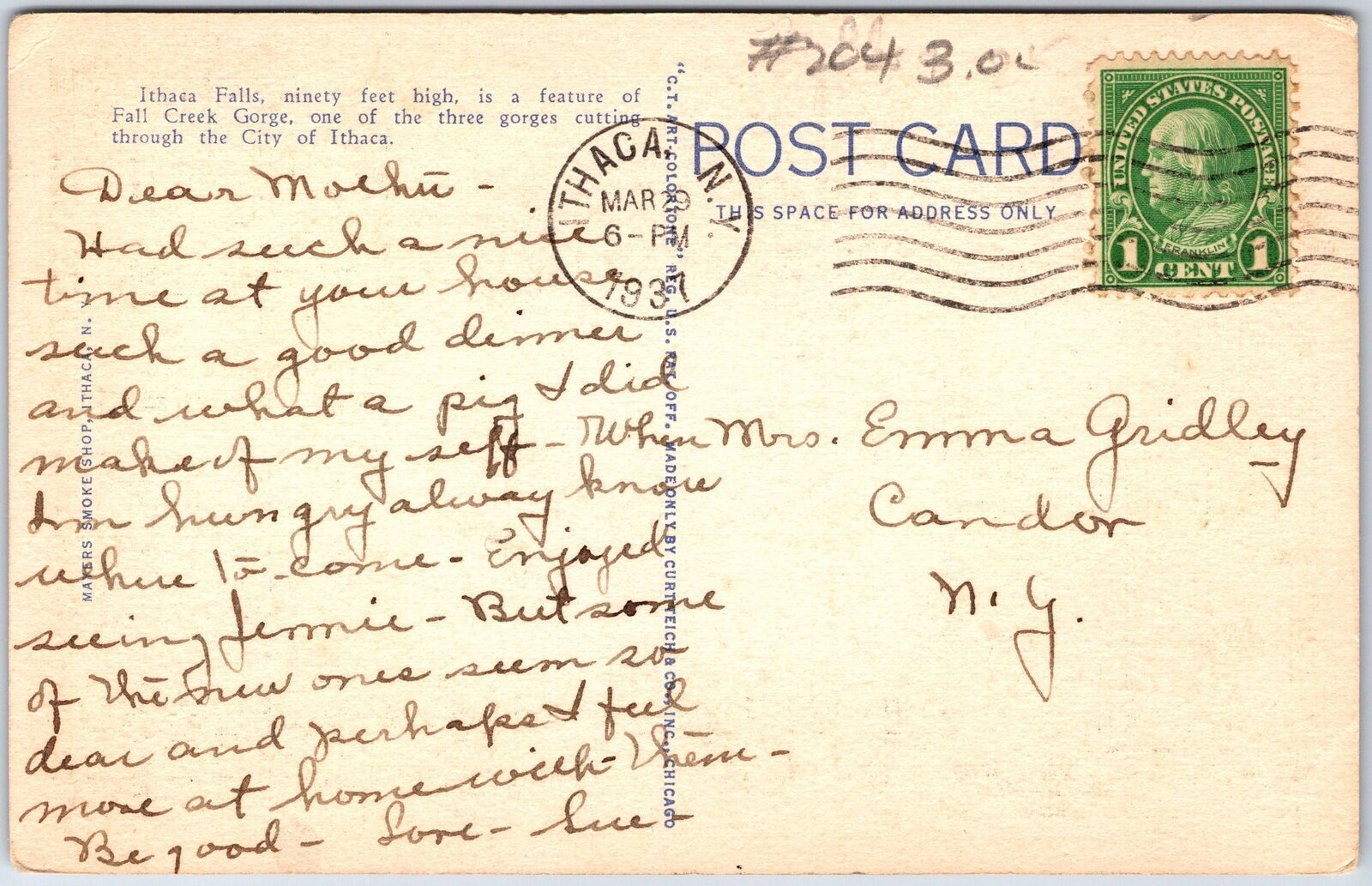 Vintage Postcard Ithaca Falls Fall Creek Gorge at Ithaca New York ...