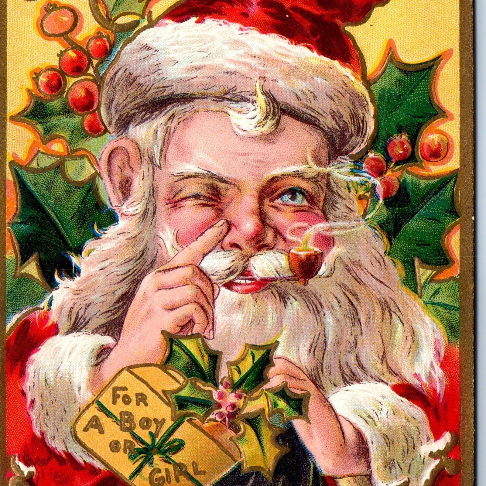 RARE c1909 Santa Smoking Pipe Christmas Postcard St Nicholas Gold ...