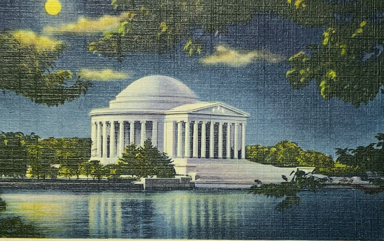 Vintage Postcard Jefferson Memorial by Moonlight Washington DC Linen ...