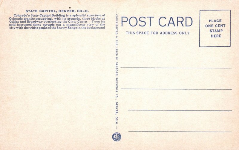 Vintage Postcard 1920's State Capitol Building Denver Colorado CO ...