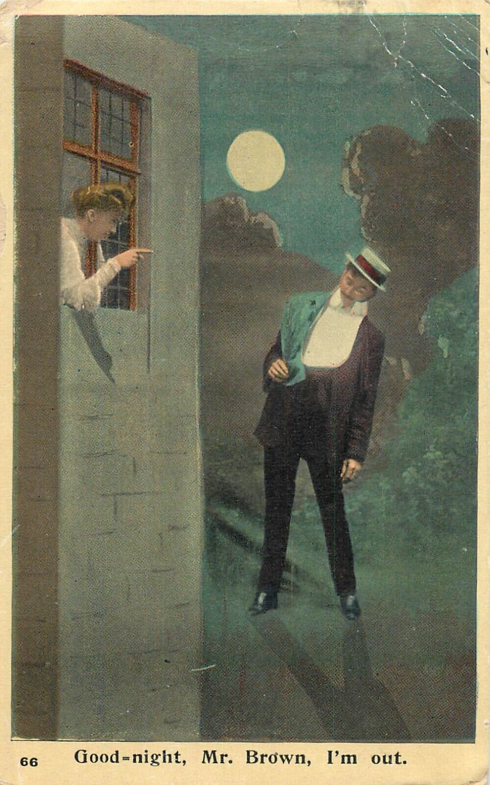 Humor comic caricature good night Mr. Brown elegance hat couple moon ...