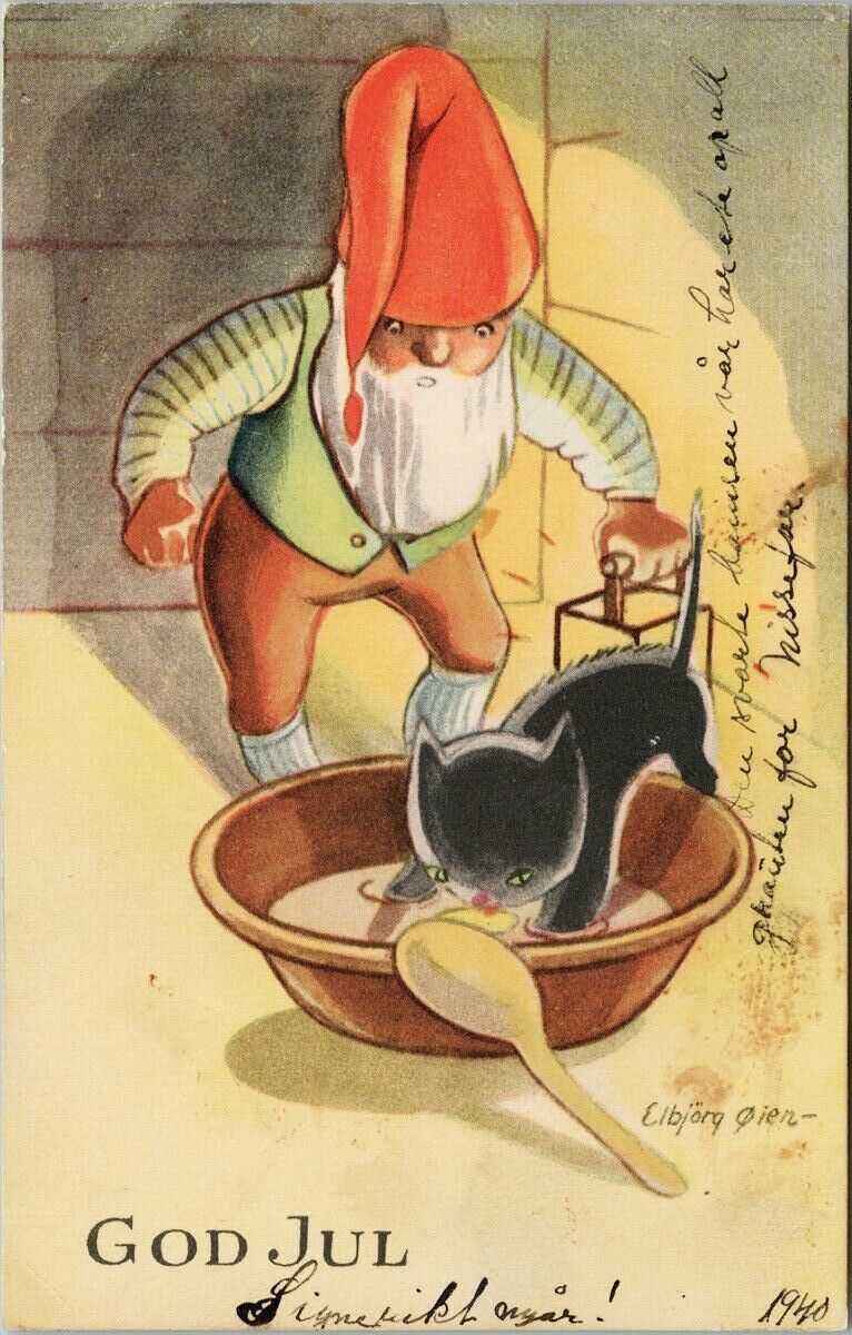 God Jul Christmas Norway Gnome Black Cat Elbjorg Gien Postcard G79 | Topics - Holidays ...