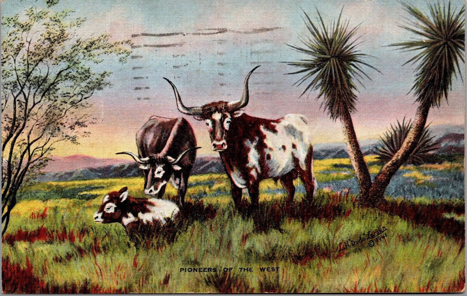 Vtg Pioneers of the West Longhorn Cattle Dude Larsen 1940s Linen ...