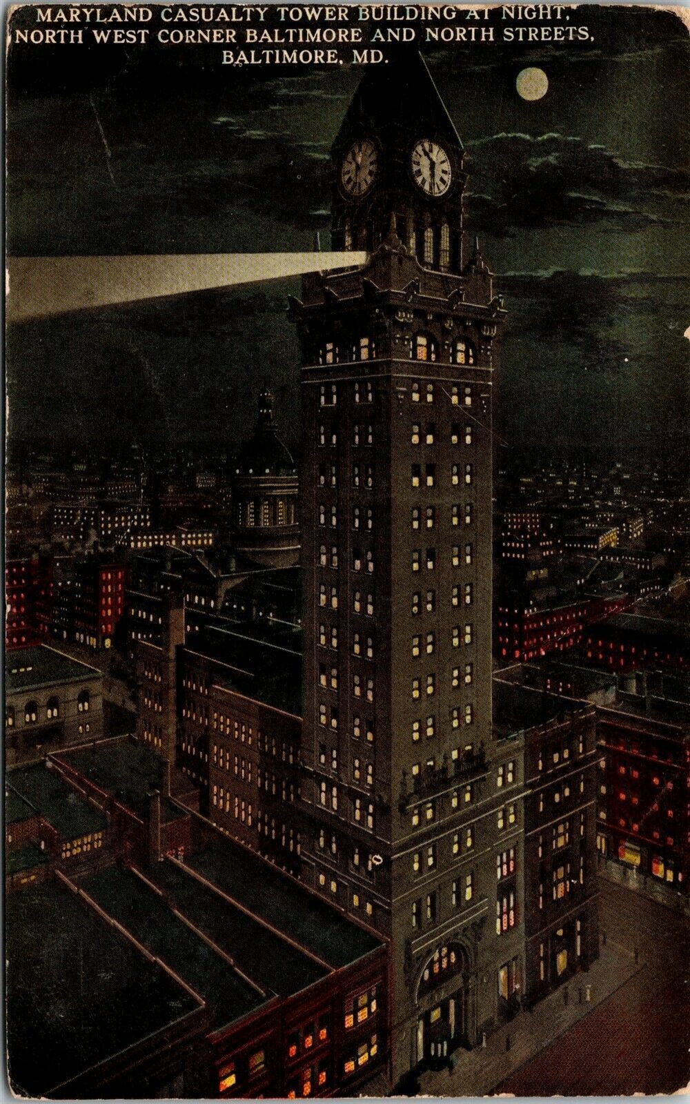 Vtg Baltimore MD Maryland Casualty Tower Building at Night 1910s ...