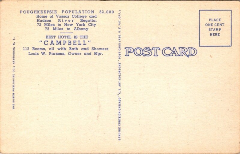 Linen Postcard Hotel Campbell and Map of Poughkeepsie, New York ...