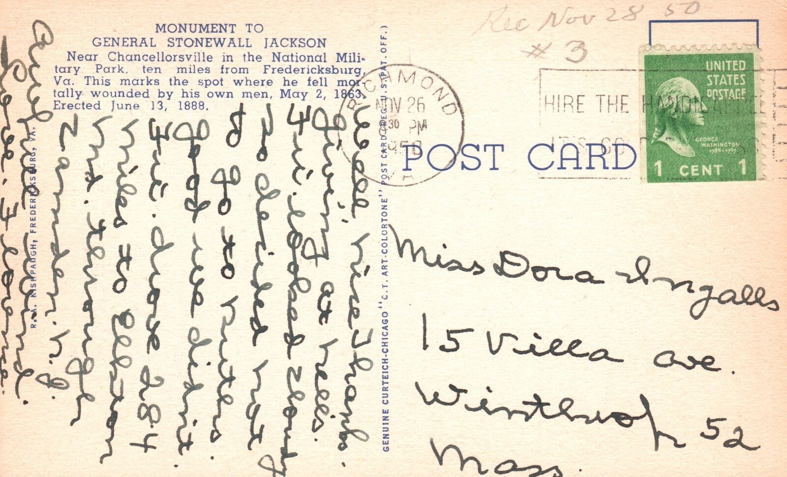 Vintage Postcard 1950's Monument Gen. Stonewall Jackson Military Park ...