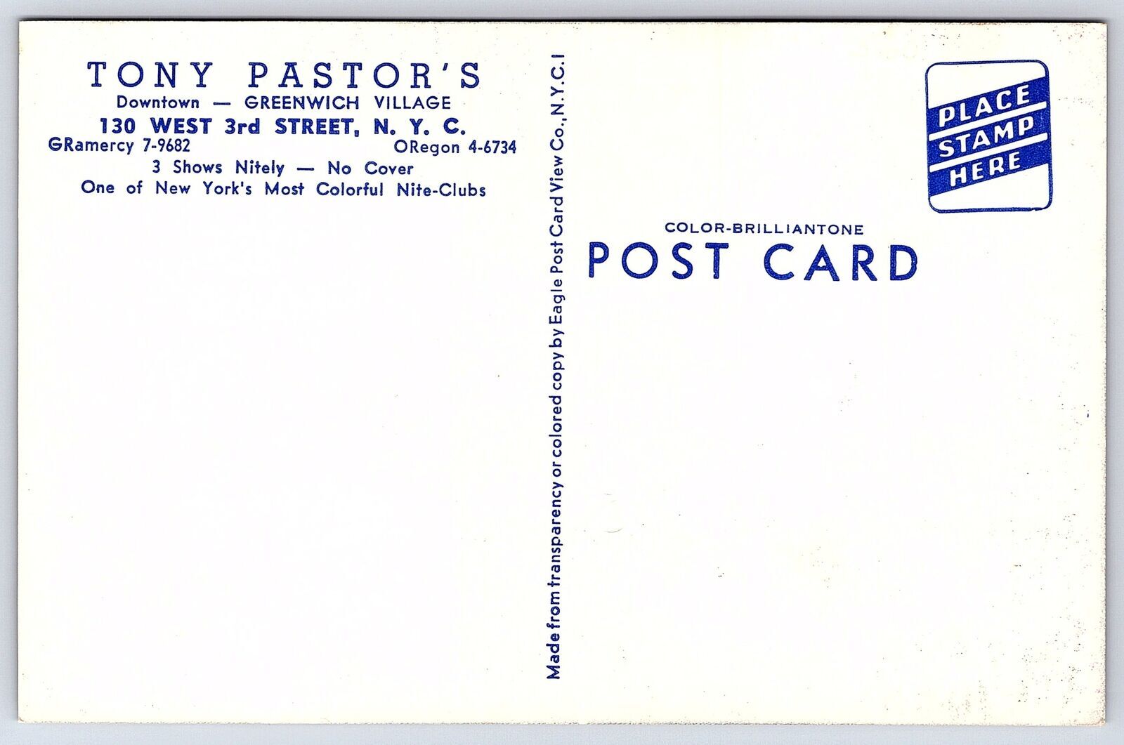 Vintage Postcard Tony Pastor's Downtown Greenwich Village New York City ...