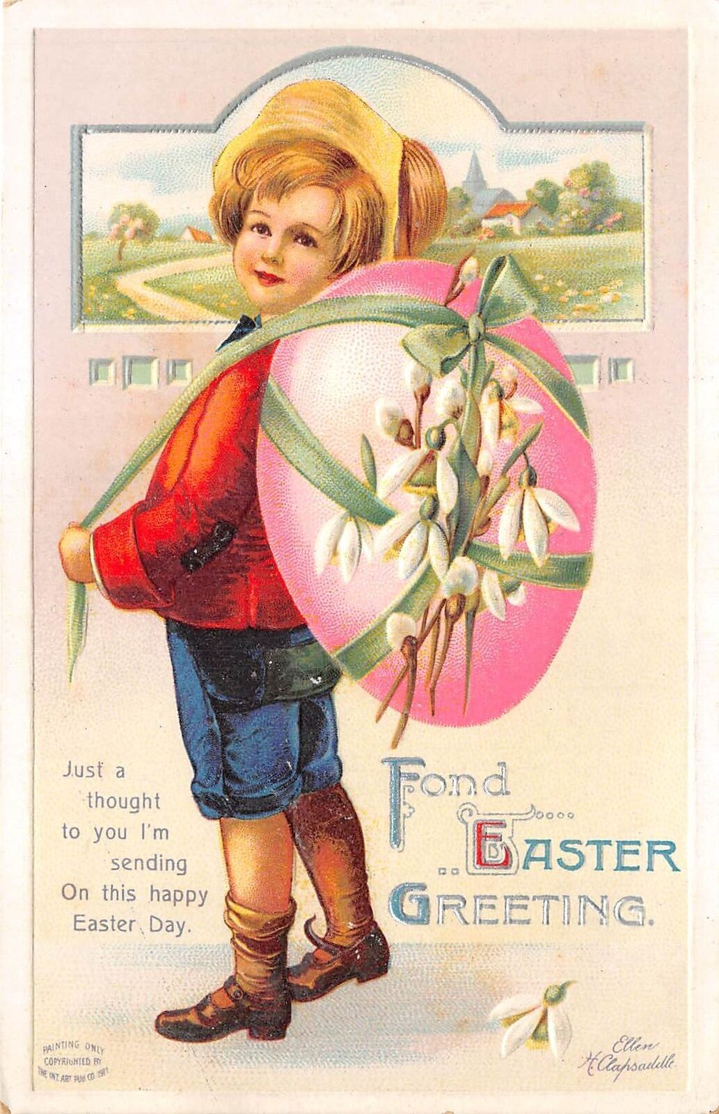 US37 Artist Signed Ellen Clapsaddle Easter greetings card girl giant ...