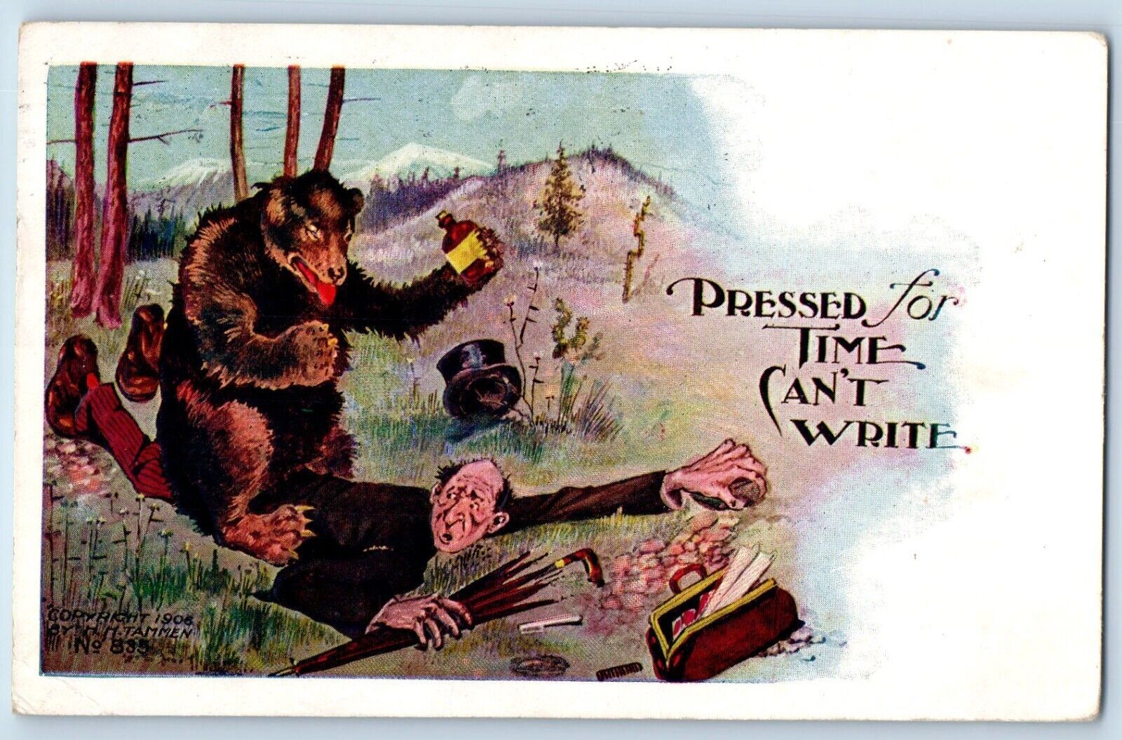 Signed Postcard Anthropomorphic Bear Man At The Back Pressed For Time ...