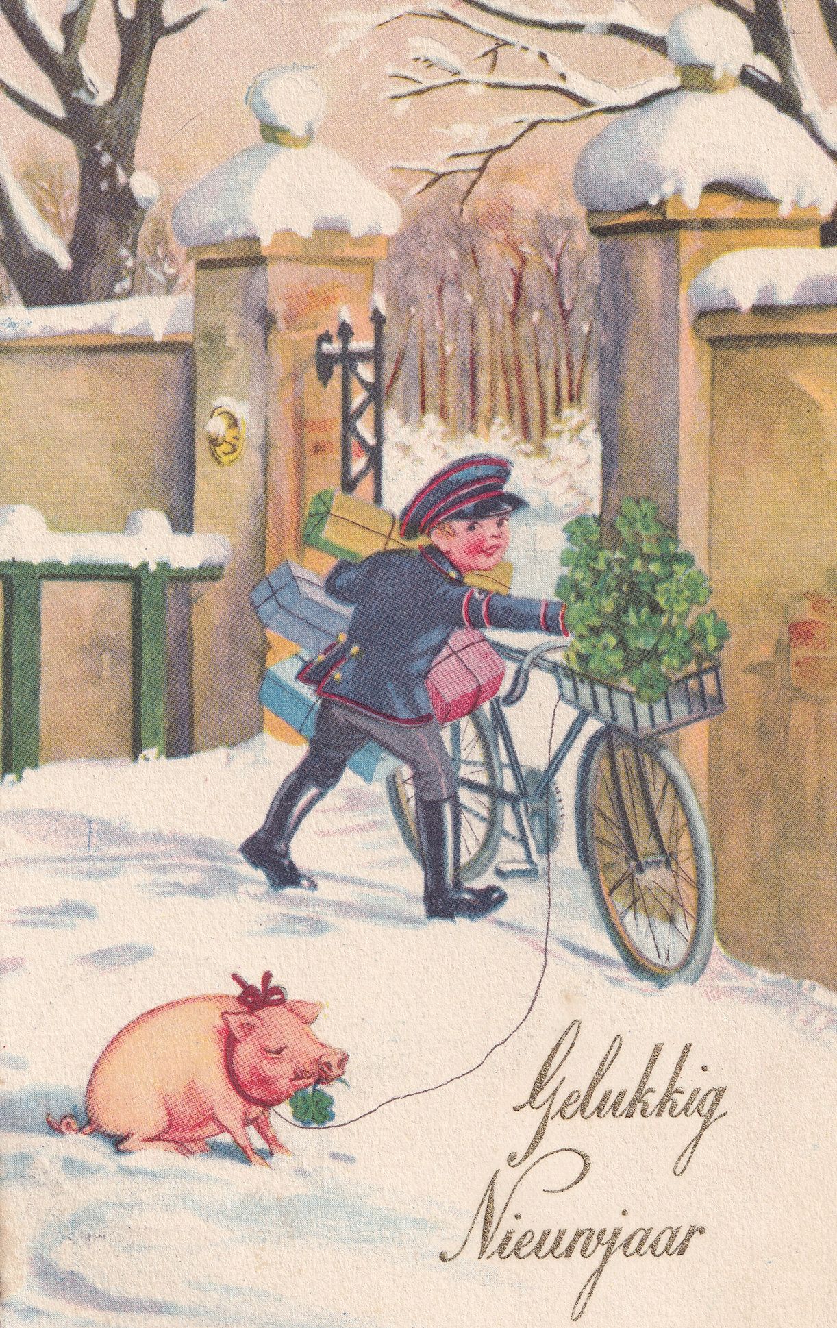 Dutch Holland Child Postman With Pig On Lead Happy New Year Antique ...