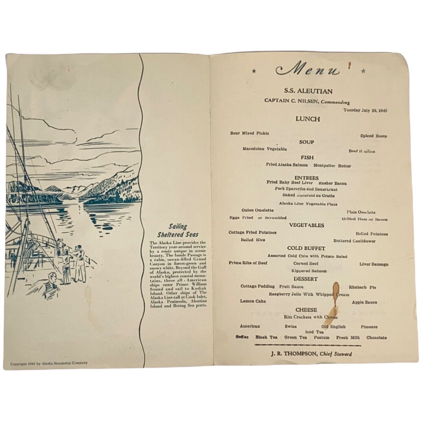 1949 Alaska Steamship Line S.S. Aleutian Lunch Menu - Alaskan Husky ...