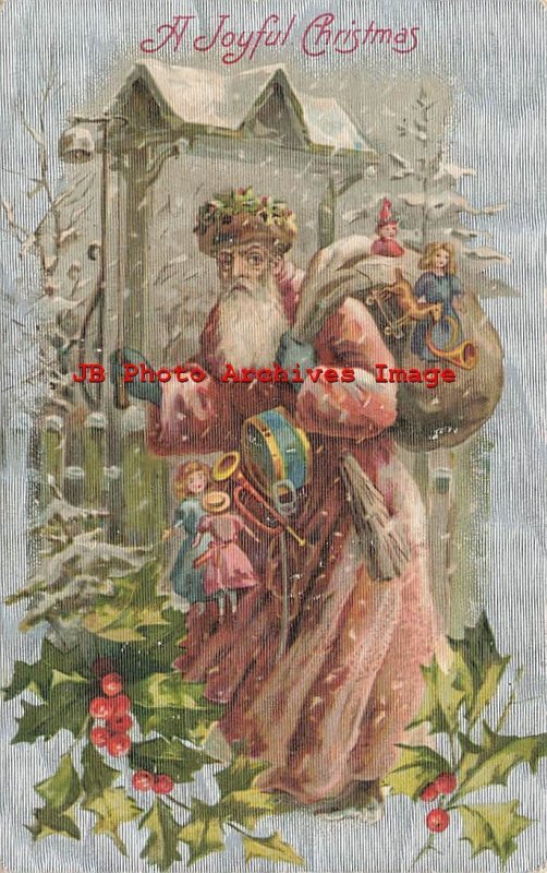 Christmas, Unknown Pub, Brown Robe Santa Carrying Bags of Toys in Snow ...