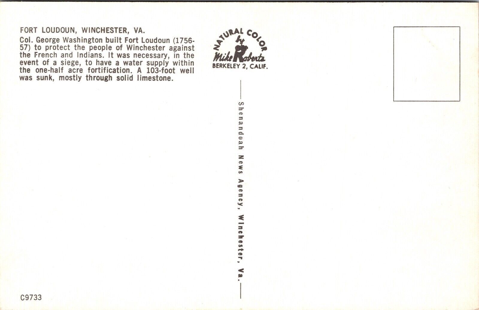 Fort Loudoun Winchester VA Virginia Old House Home VTG Postcard UNP ...