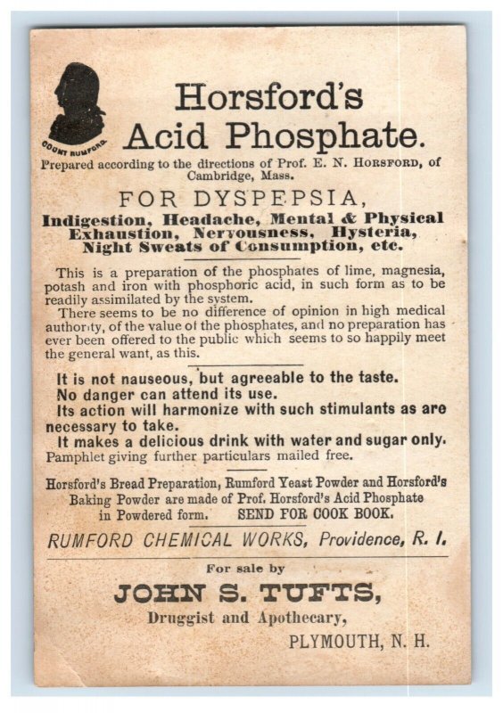 1880s John S Tufts Plymouth NH Horsford Acid Phosphate Victorian Trade ...