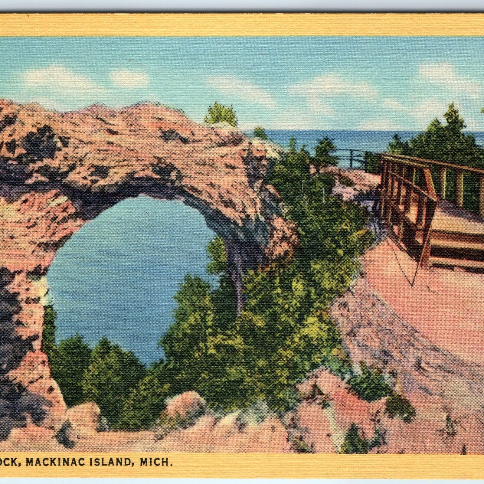c1940s Mackinac Island, MI Arch Rock Natural Bridge Walkway Linen PC ...