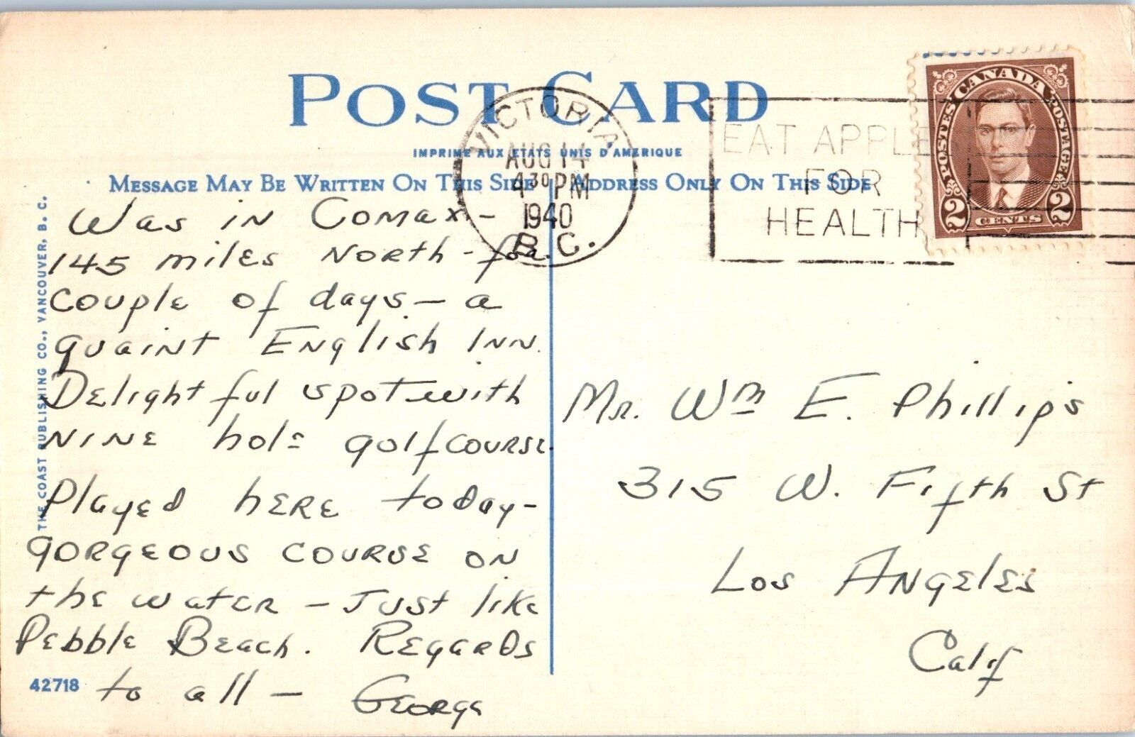 Douglas Street Victoria British Columbia BC Canada Postcard Posted 1940 ...