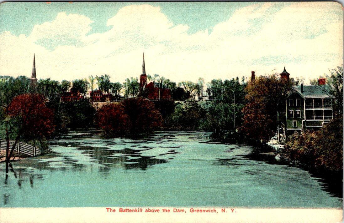 Greenwich, NY New York BATTENKILL RIVER Above Dam HOMES~CHURCH ca1910's ...