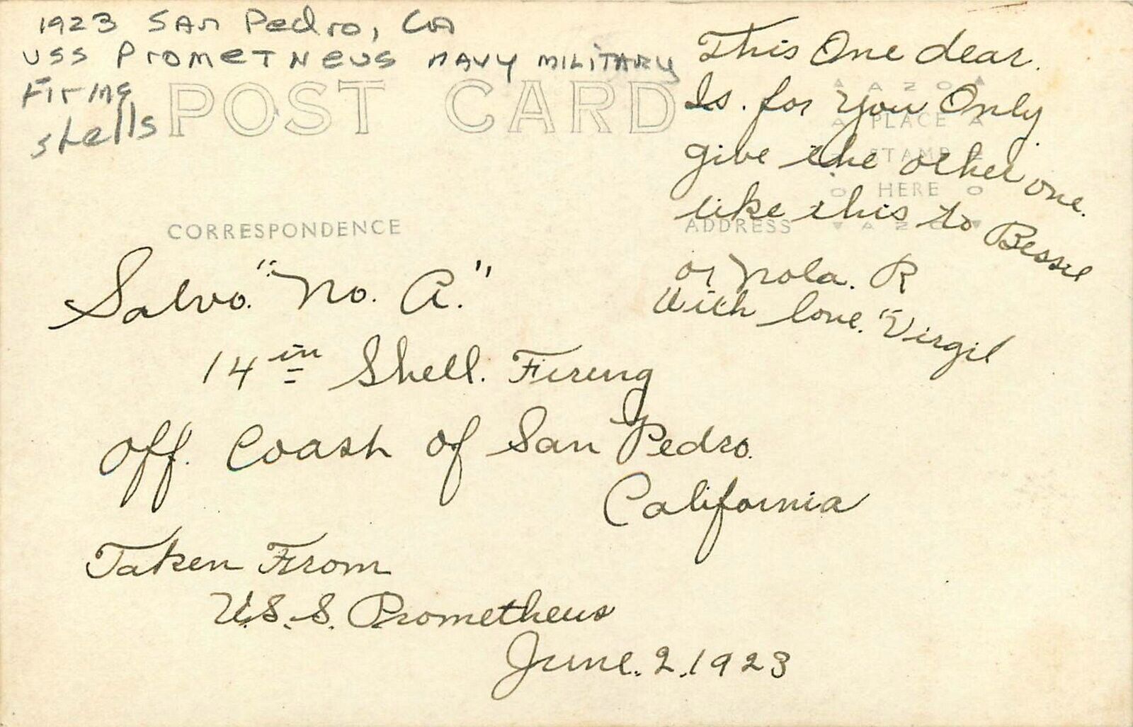 Postcard RPPC 1923 California San Pedro USS Prometheus Navy military ...