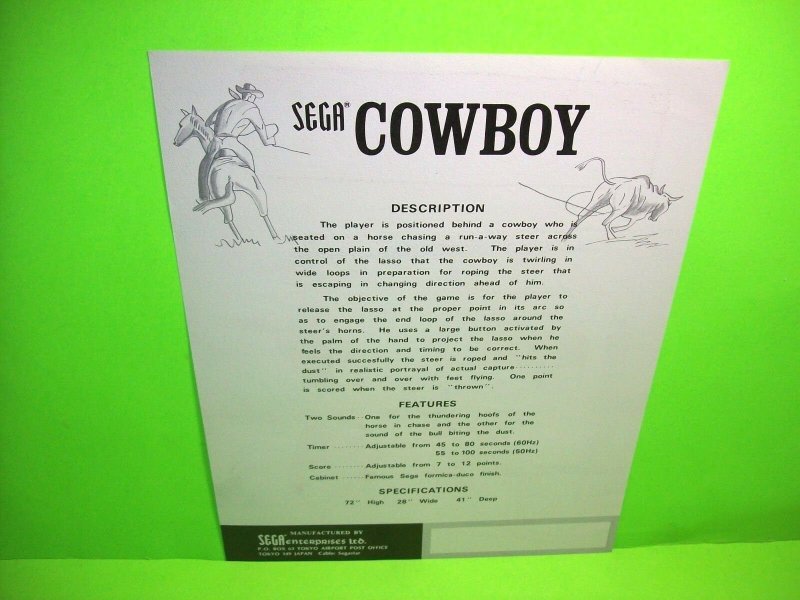 Sega 1974 COWBOY Original NOS Western Theme Lasso Throwing Arcade Game ...