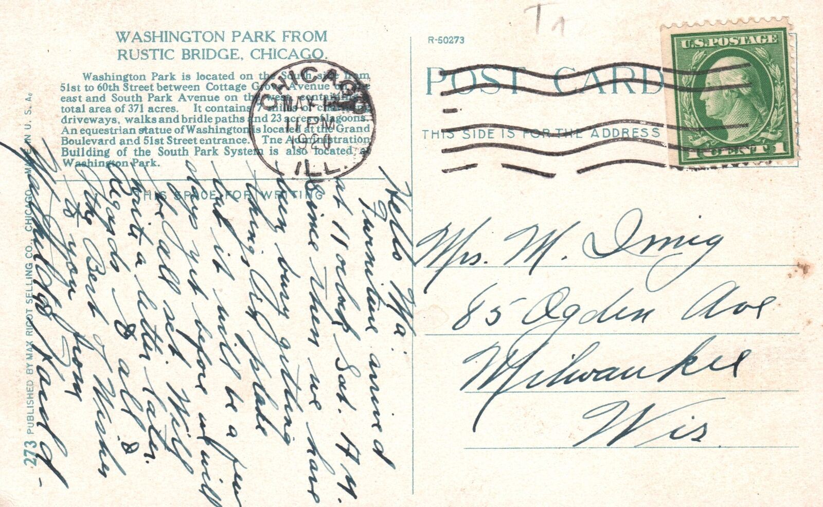 Vintage Postcard 1920s Scene From Rustic Bridge Washington Park Chicago ...