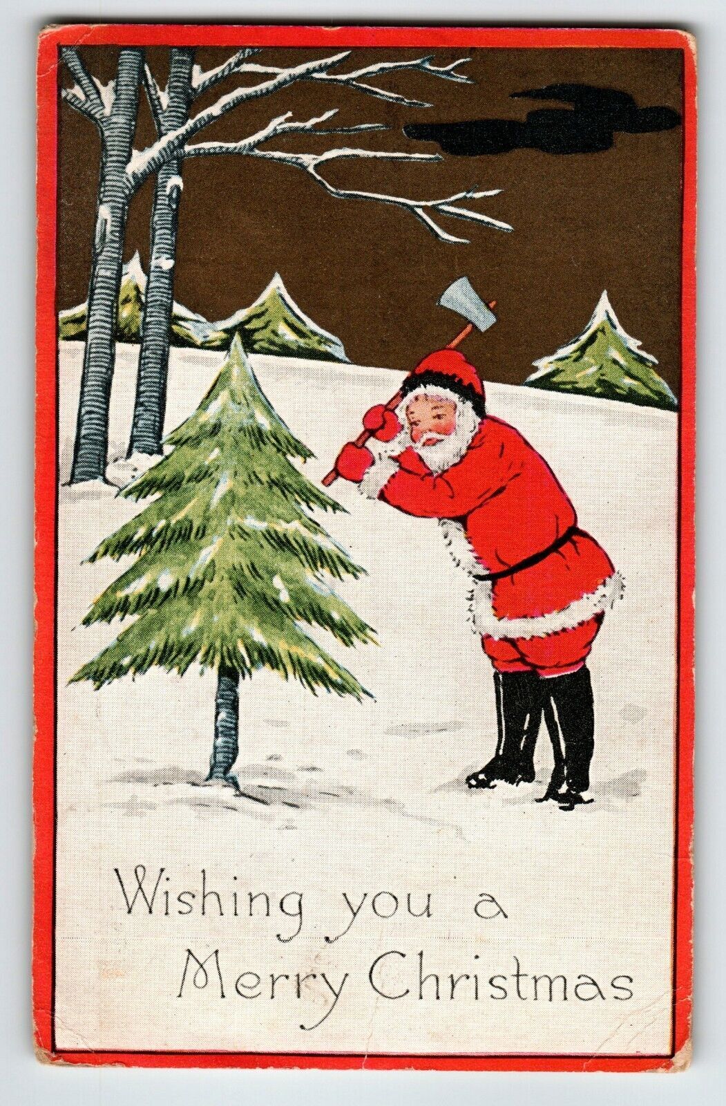 Santa Claus Christmas Postcard Chopping Down X-mas Tree Axe 1918 ...