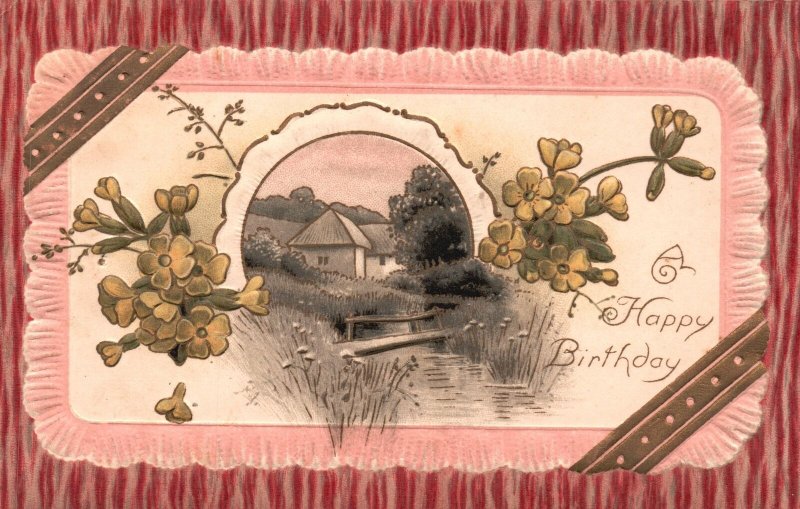 Vintage Postcard A Happy Birthday Landscape with Flowers Greetings ...