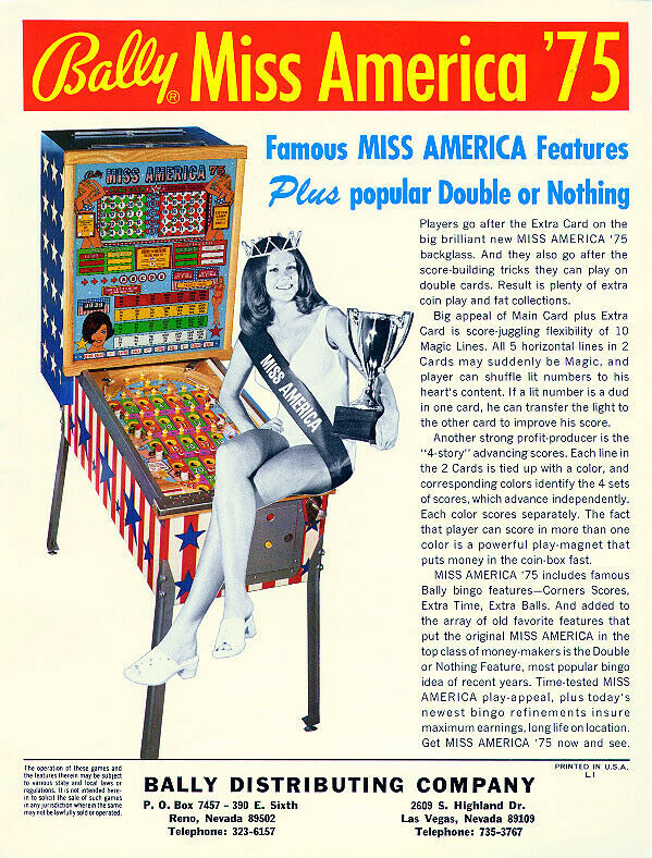 Miss America Pinball FLYER Original 1975 Bingo Game Art Pretty Lady ...