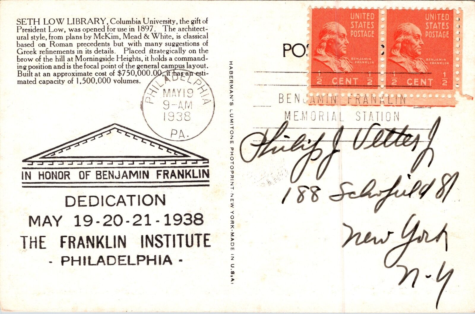 Vintage Postcard the Seth LOW Library at Columbia University Dedication ...