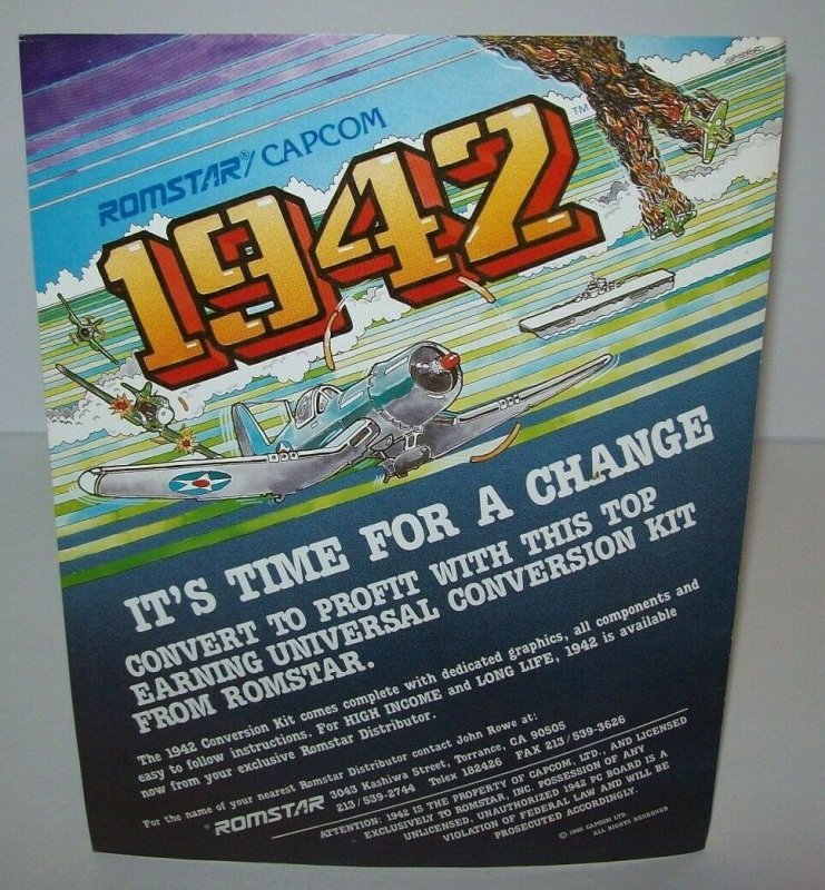 1942 Arcade FLYER Original Romstar 1985 Video Game Art Sheet War Planes ...