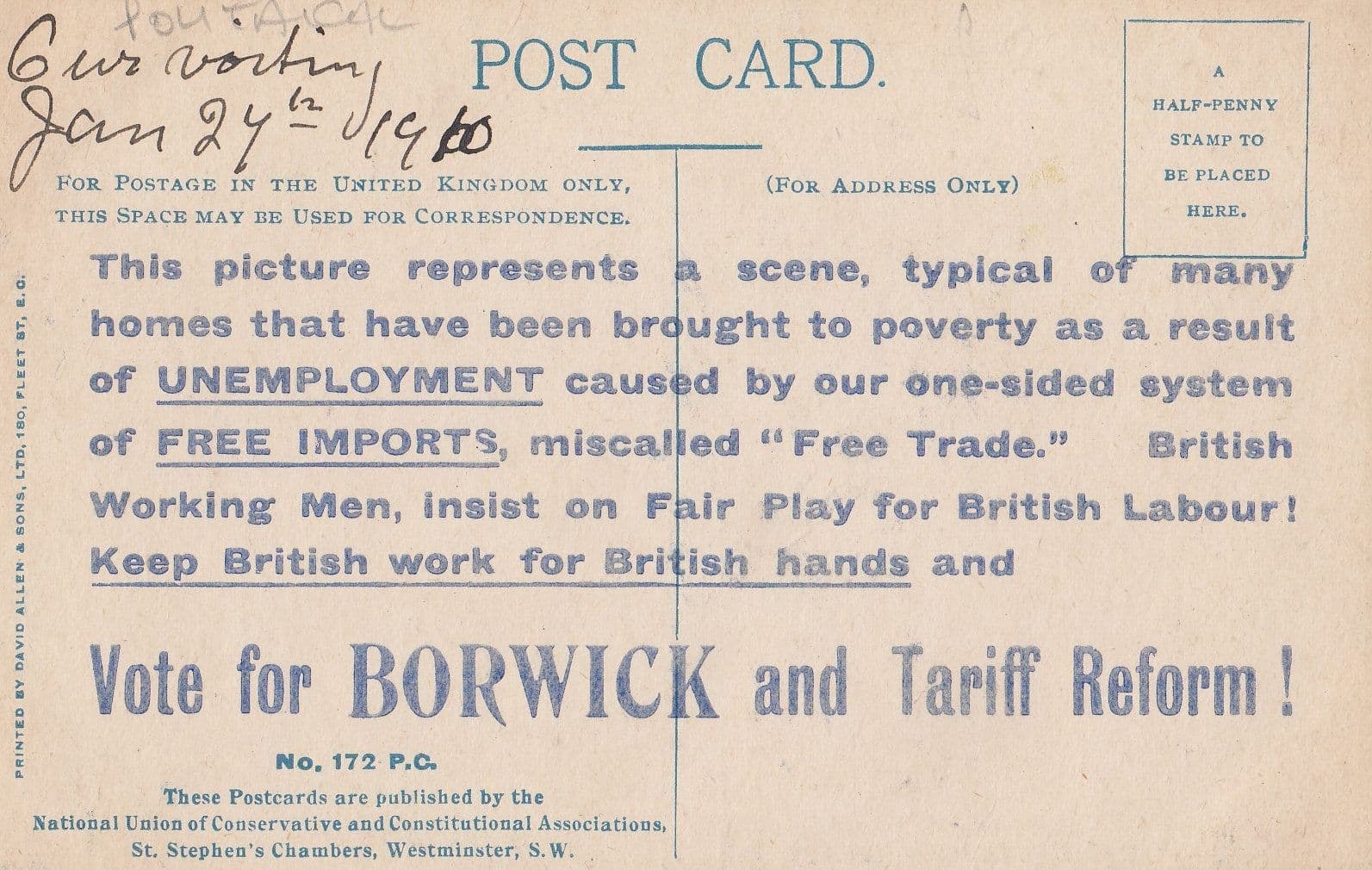 Vote For Borwick Poverty Unemployment Tariff Reform Old London ...