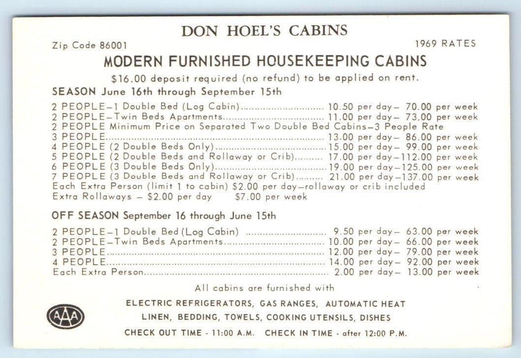 OAK CREEK CANYON, AZ ~ Rate/Info Card DON HOEL'S CABINS Roadside 1969 ...
