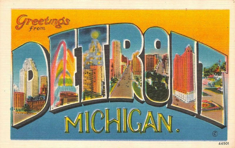 Michigan MI DETROIT LARGE LETTER LINEN Greetings~State Views ca1940's ...