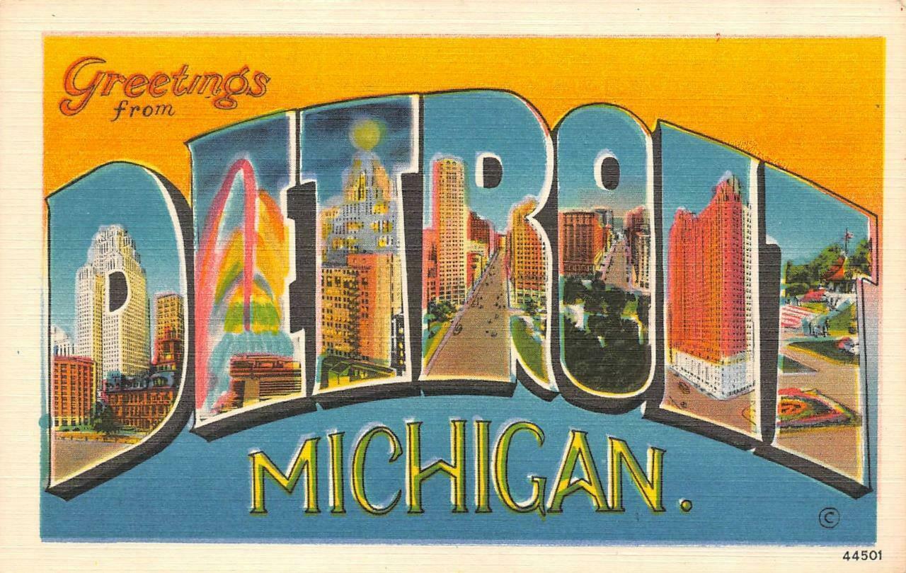 Michigan MI DETROIT LARGE LETTER LINEN Greetings~State Views ca1940's ...