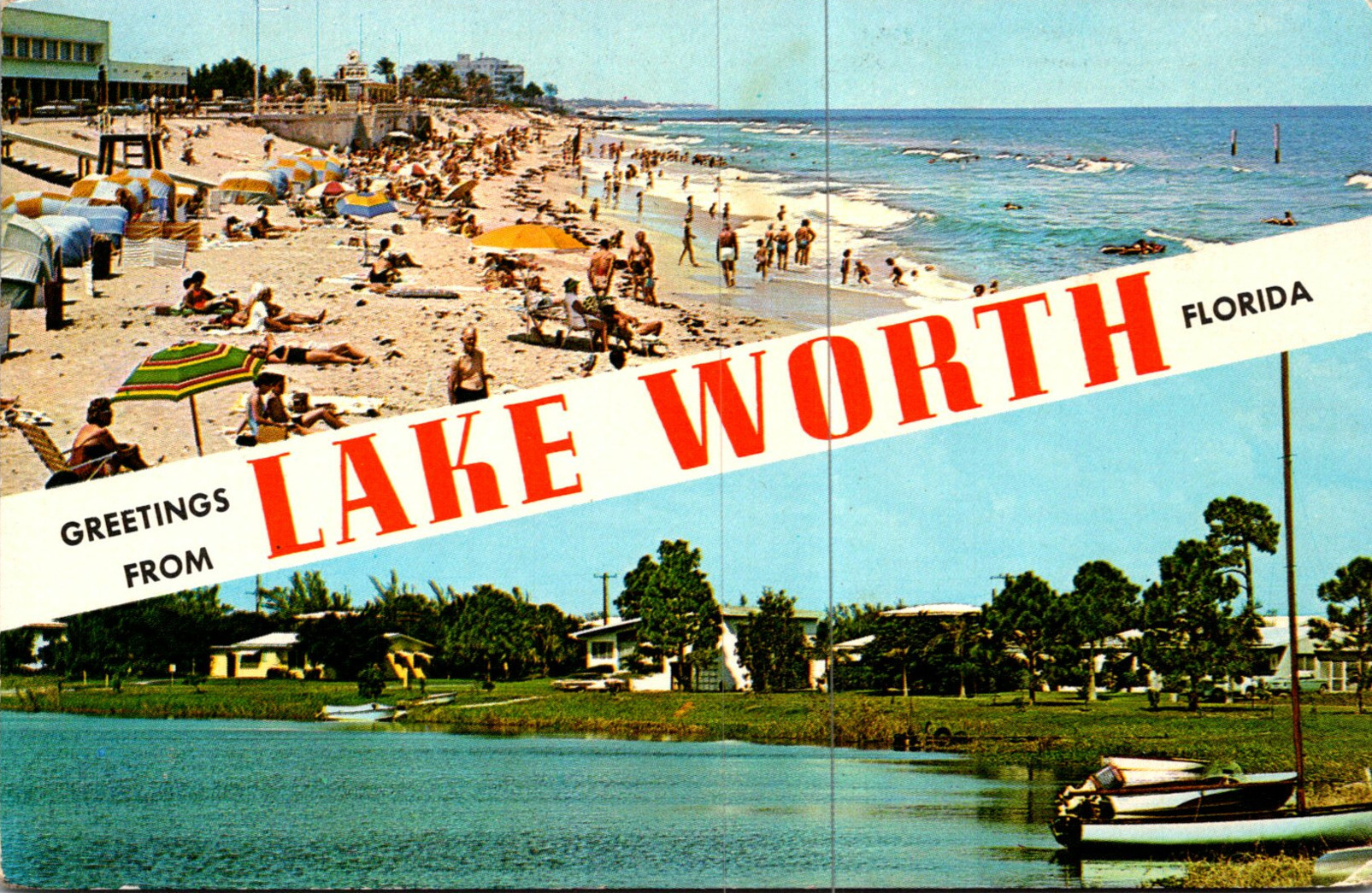Florida Lake Worth Greetings Showing Beach and Waterfront Scene 1972 ...