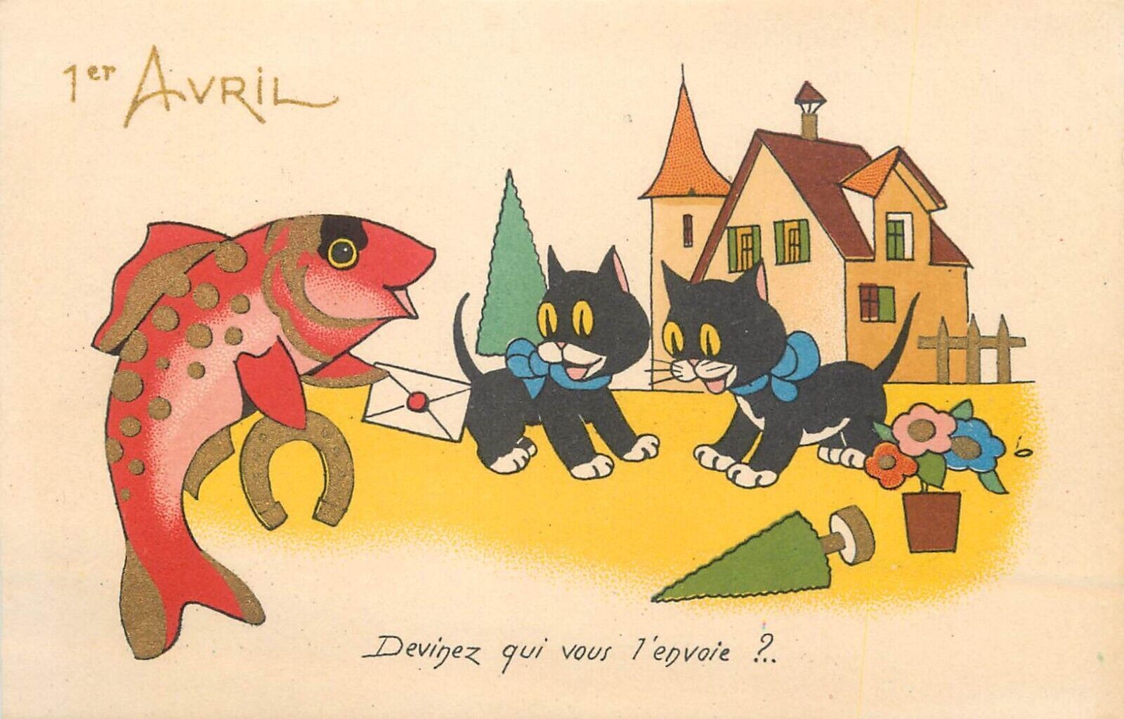 April Fools' Day drawn fishes and black cats greetings set of 3 ...