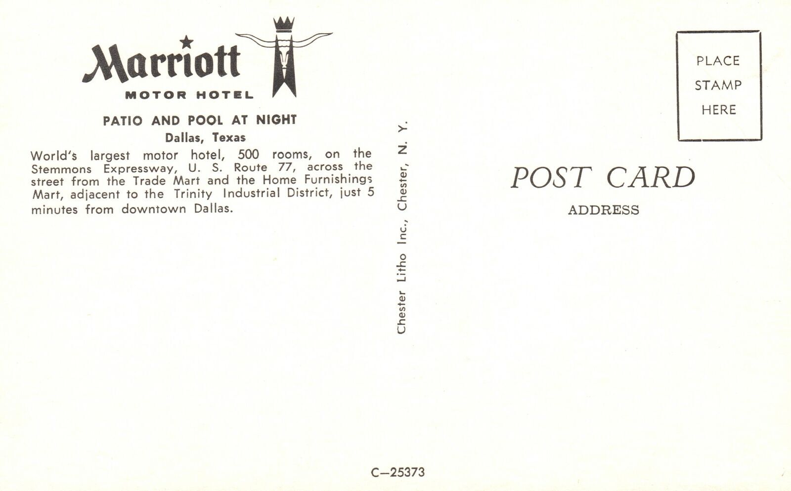 Vintage Postcard Marriott Motor Hotel Patio & Pool At Night Dallas ...